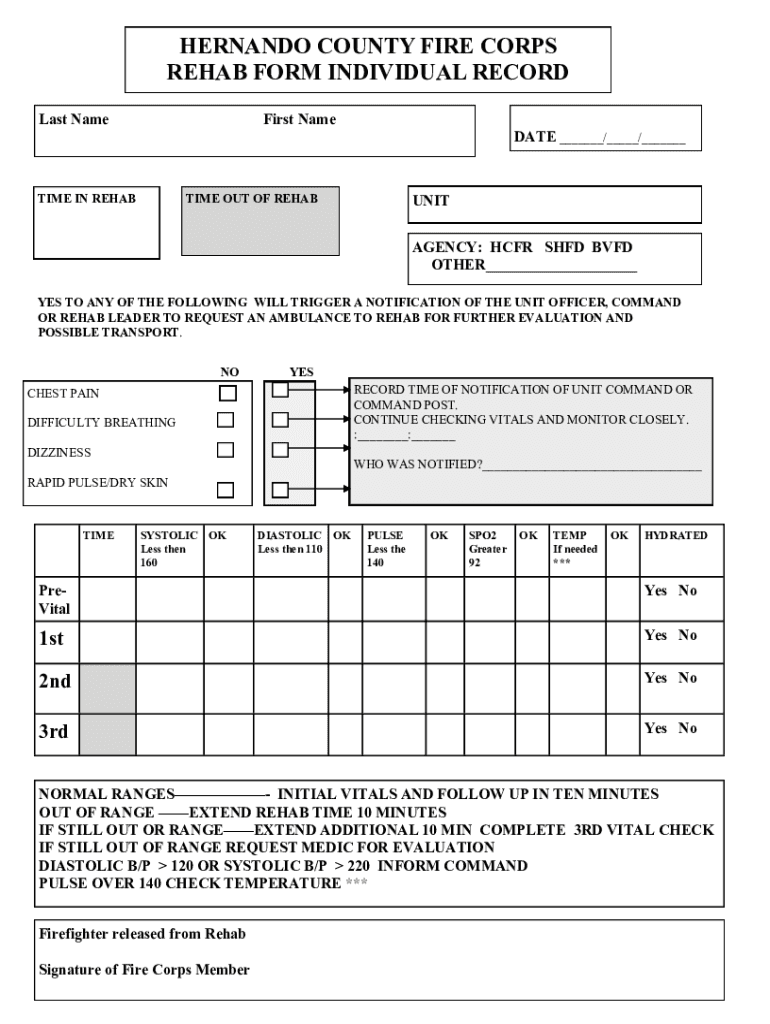 Fillable Online HERNANDO COUNTY FIRE CORPS REHAB FORM ... Fax Email ...