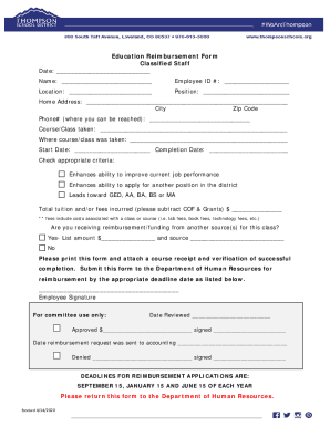 Fillable Online Education Reimbursement Form Classified Staff Fax Email ...