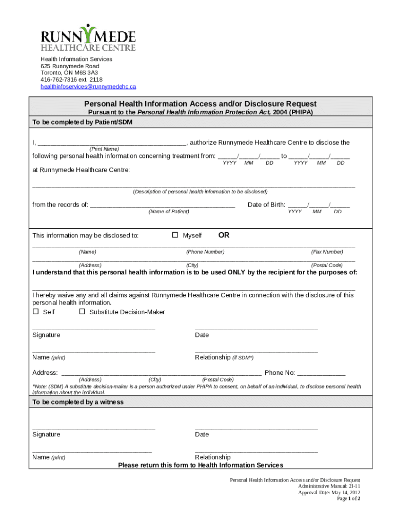 Access to and Disclosure of Personal Health Ination Doc Template ...