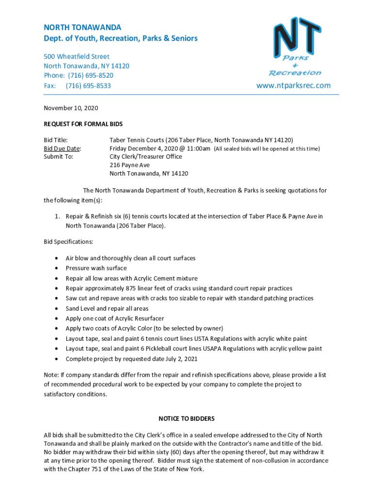 Fillable Online Bid No.040716 Tennis Court Maintenance, Repair and ...