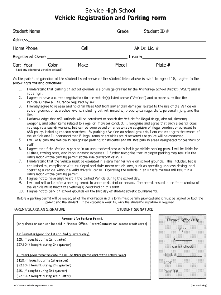 Fillable Online Service High School Vehicle Registration and Parking ...