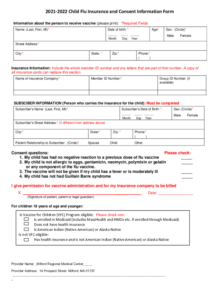 Fillable Online 2021-2022 Child Flu Insurance and Consent Information Form Fax Email Print ...