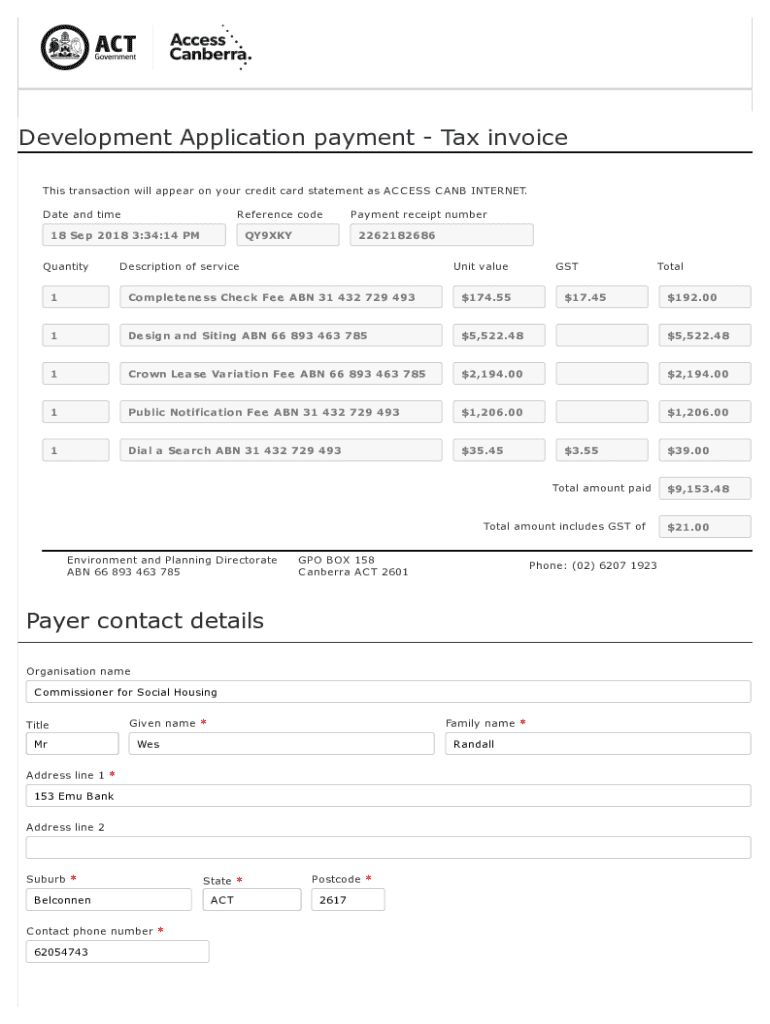 Fillable Online Development Application payment - Tax invoice Payer contact ... Fax Email Print ...