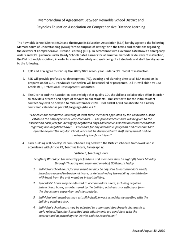 Fillable Online Memorandum of Agreement Between Reynolds School ... Fax Email Print - pdfFiller