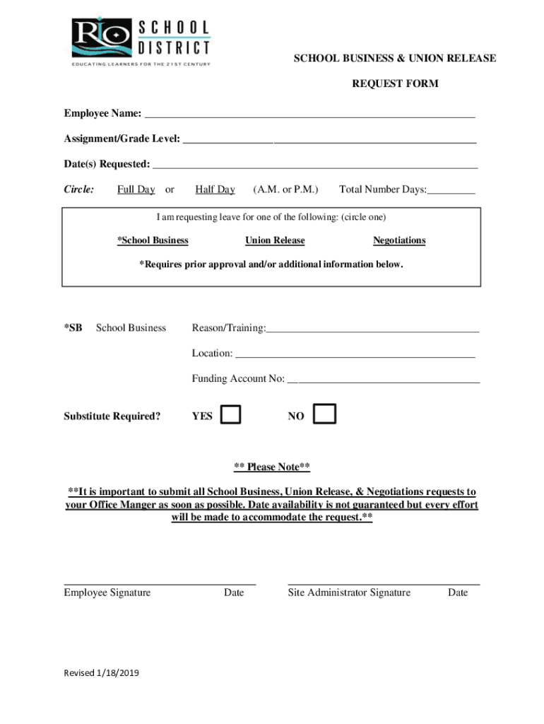 Fillable Online School Business, Union Release, & Negotiations Request ...
