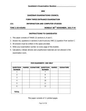 Fillable Online SMZ ZANZIBAR EXAMINATIONS COUNCIL FORM THREE ... Fax ...