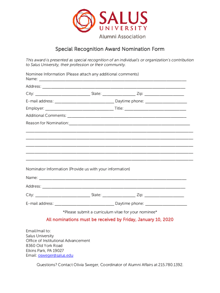 Fillable Online Special Recognition Award Nomination Form - Salus University Fax Email Print ...