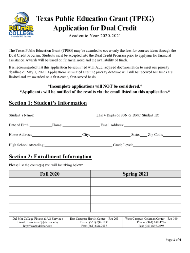 Fillable Online TPEG Application for Dual Credit Fax Email Print - pdfFiller