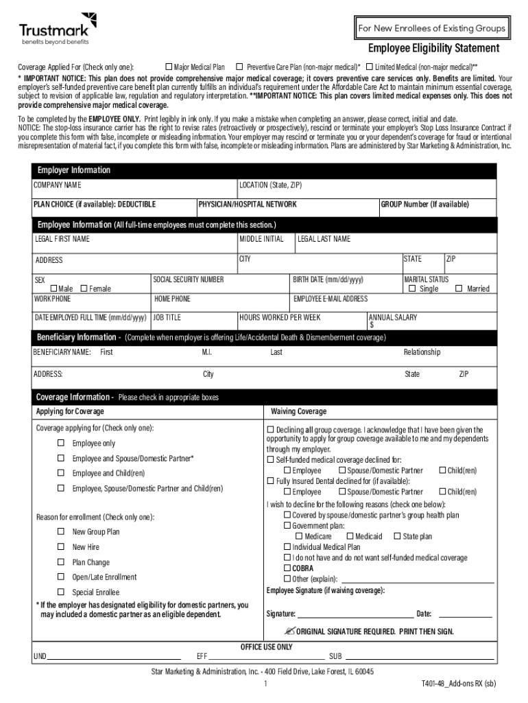 Fillable Online EMPLOYEE ELIGIBILITY STATEMENT - Filice Insurance Fax ...