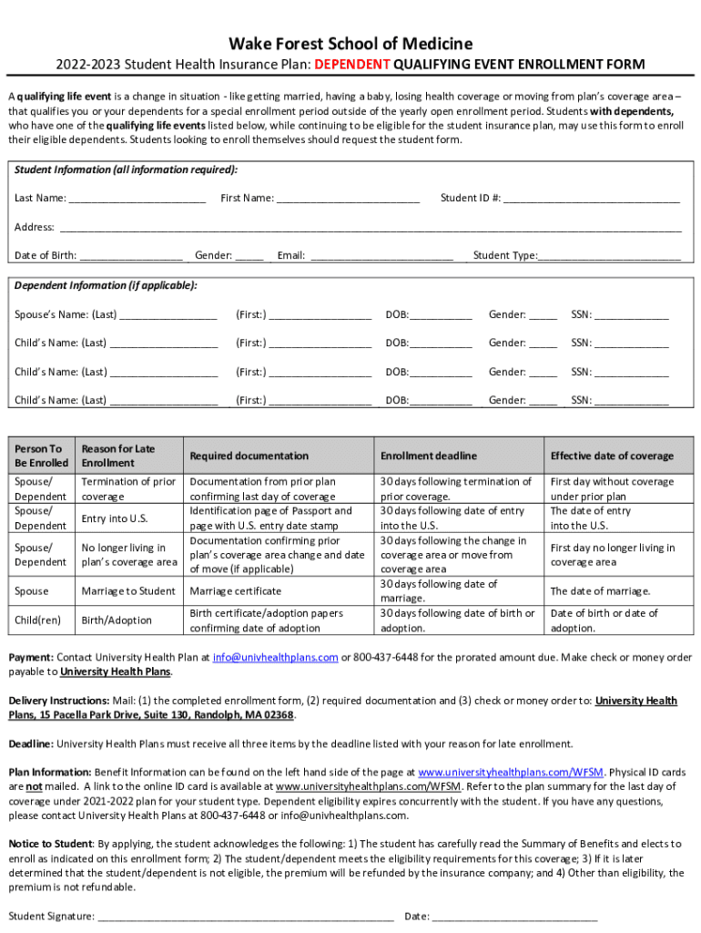 Fillable Online 2022-2023 Student Health Insurance Plan: DEPENDENT ...