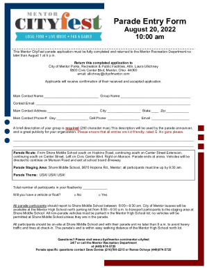 Fillable Online Parade Entry FormCity of Mentor Fax Email Print - pdfFiller