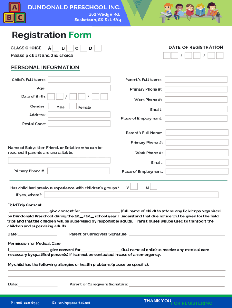 Fillable Online Preschool Registration Form Blank - Saskatoon Public ...