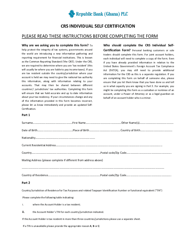 Fillable Online CRS Individual Tax Residency Self-Certification Form ... - ECFH Fax Email Print ...