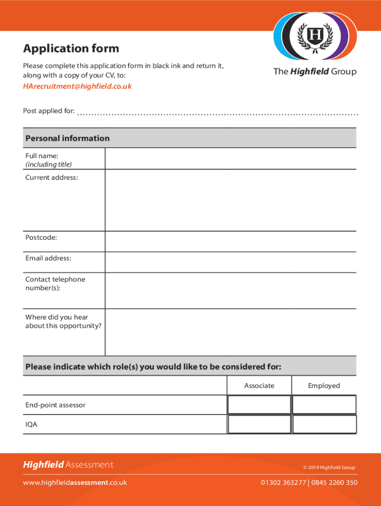Fillable Online Application form - Highfield Qualifications Fax Email ...