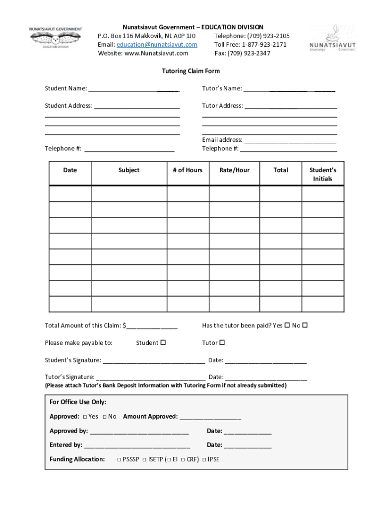 Fillable Online Tutoring Claim Form Fax Email Print - pdfFiller