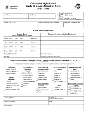 Fillable Online Centennial High School Course Selection Form Grade 11 ...