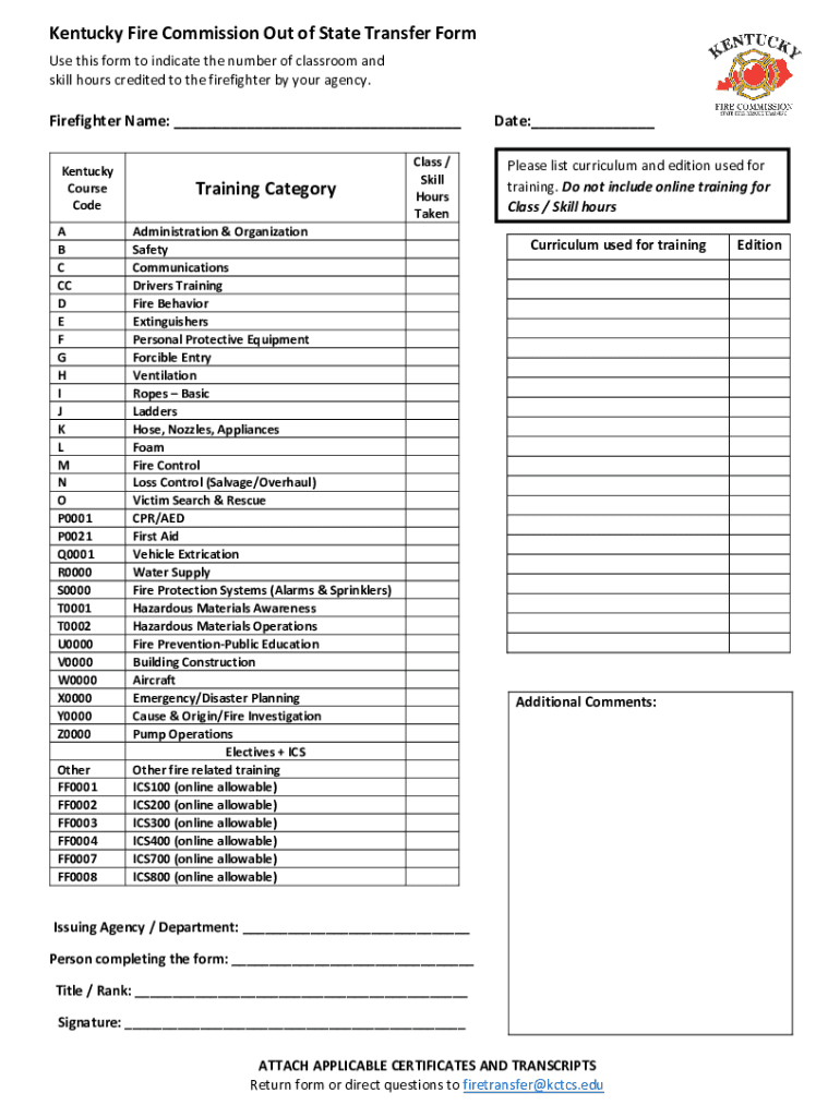 Fillable Online kyfirecommission kctcs Kentucky Fire Commission Out of ...