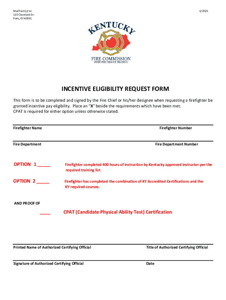 Fillable Online kyfirecommission kctcs INCENTIVE ELIGIBILITY REQUEST ...