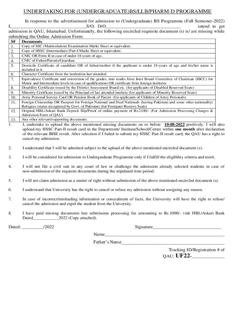 Fillable Online UNDERTAKING FOR (UNDERGRADUATE)BS/LLB/ ... Fax Email Print - pdfFiller