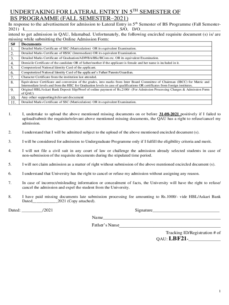Fillable Online UNDERTAKING FOR LATERAL ENTRY IN 5TH SEMESTER ... Fax ...