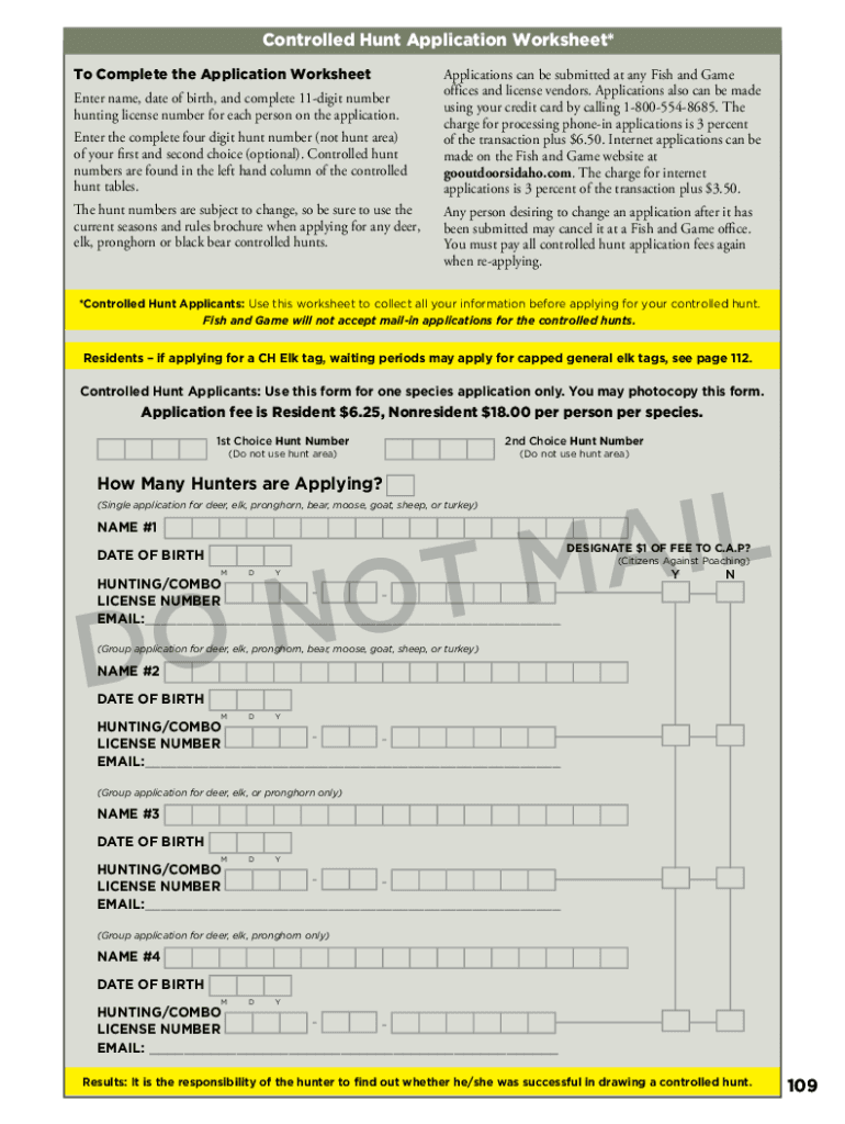 Fillable Online idfg idaho Controlled Hunt Application Worksheet for ...