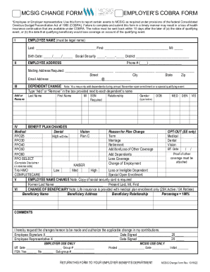Fillable Online MCSIG CHANGE FORM EMPLOYER'S COBRA FORM* V Fax Email ...