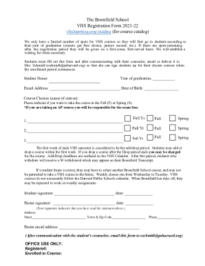 Fillable Online The Bromfield School VHS Registration Form 2021-22 Fax ...