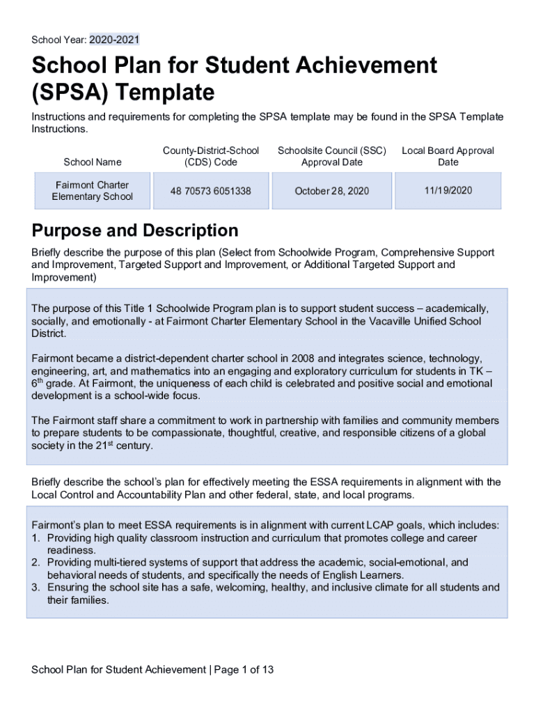 Fillable Online School Plan for Student Achievement Template ...