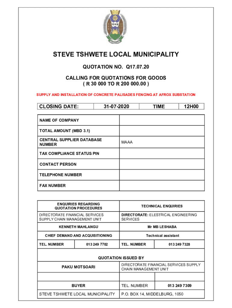 Fillable Online Steve Tshwete Local MUNICIPALITY QUOTATION NO. Q27 ...