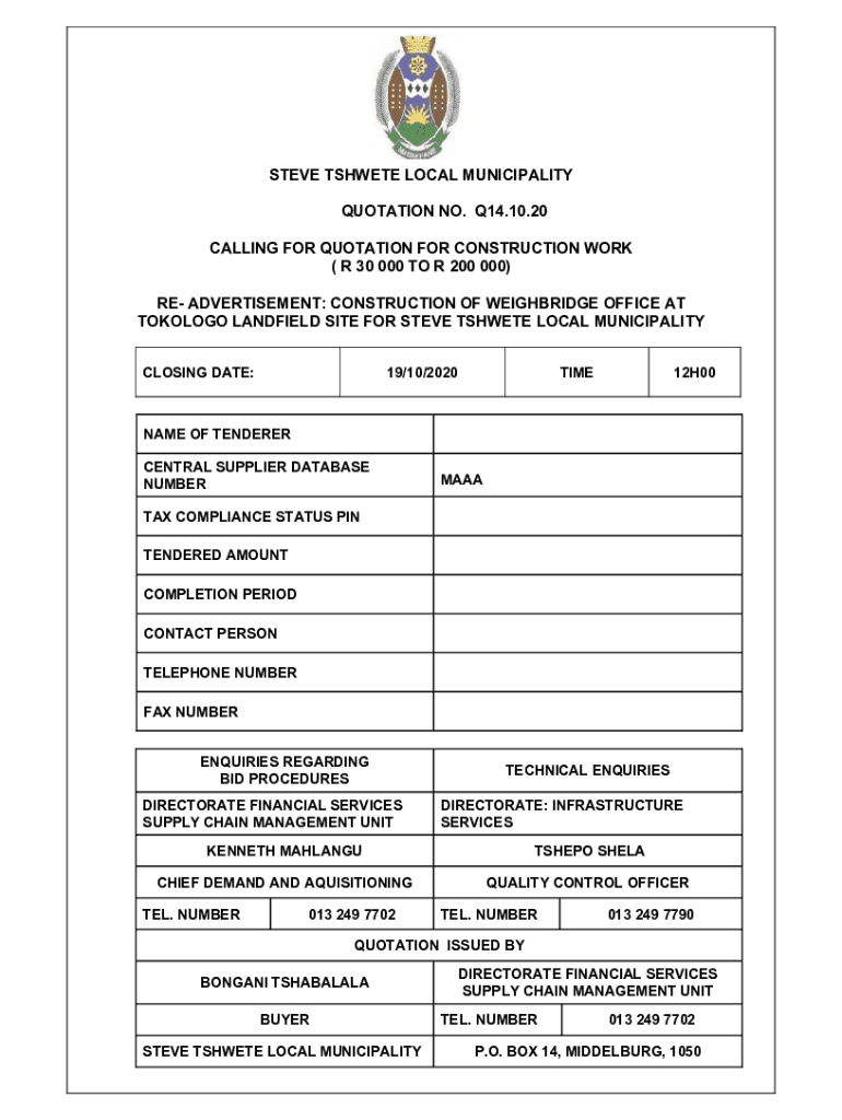 Fillable Online Quotation for Construction of office at tokologo land ...