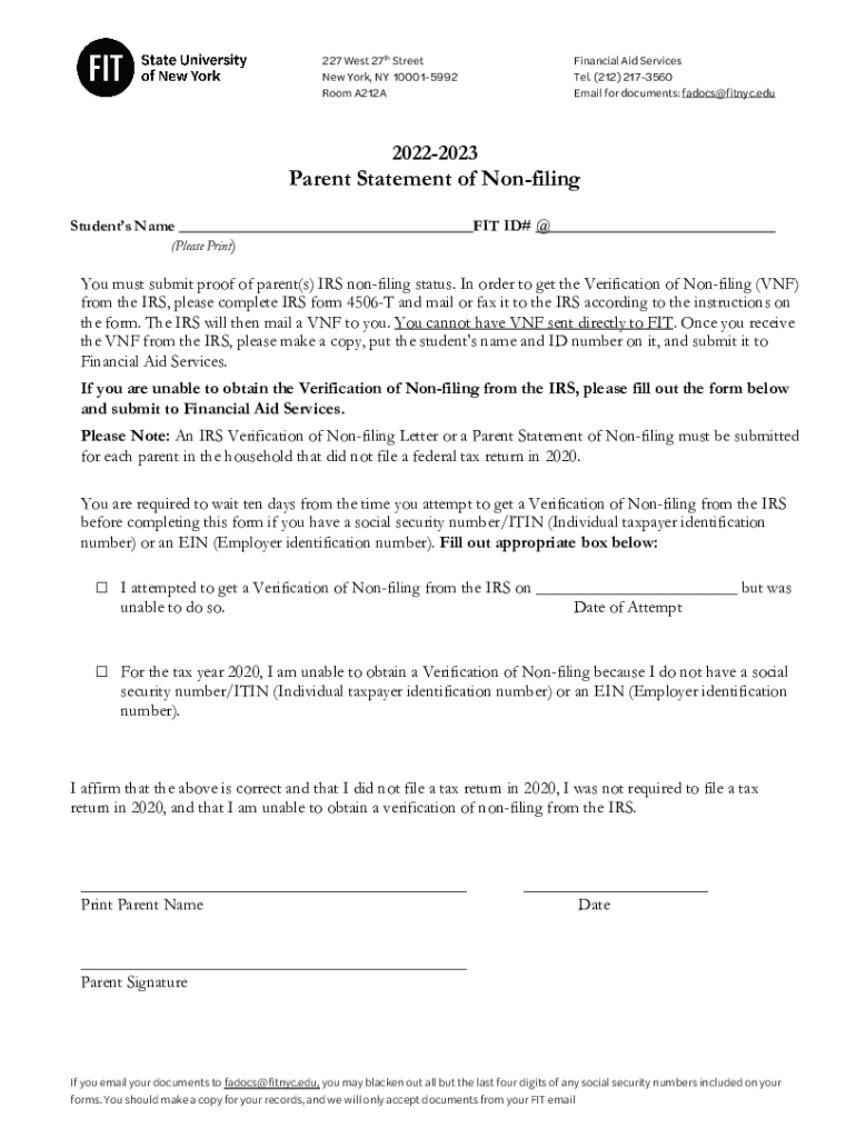 Fillable Online Parent Statement of Non-filing Fax Email Print - pdfFiller
