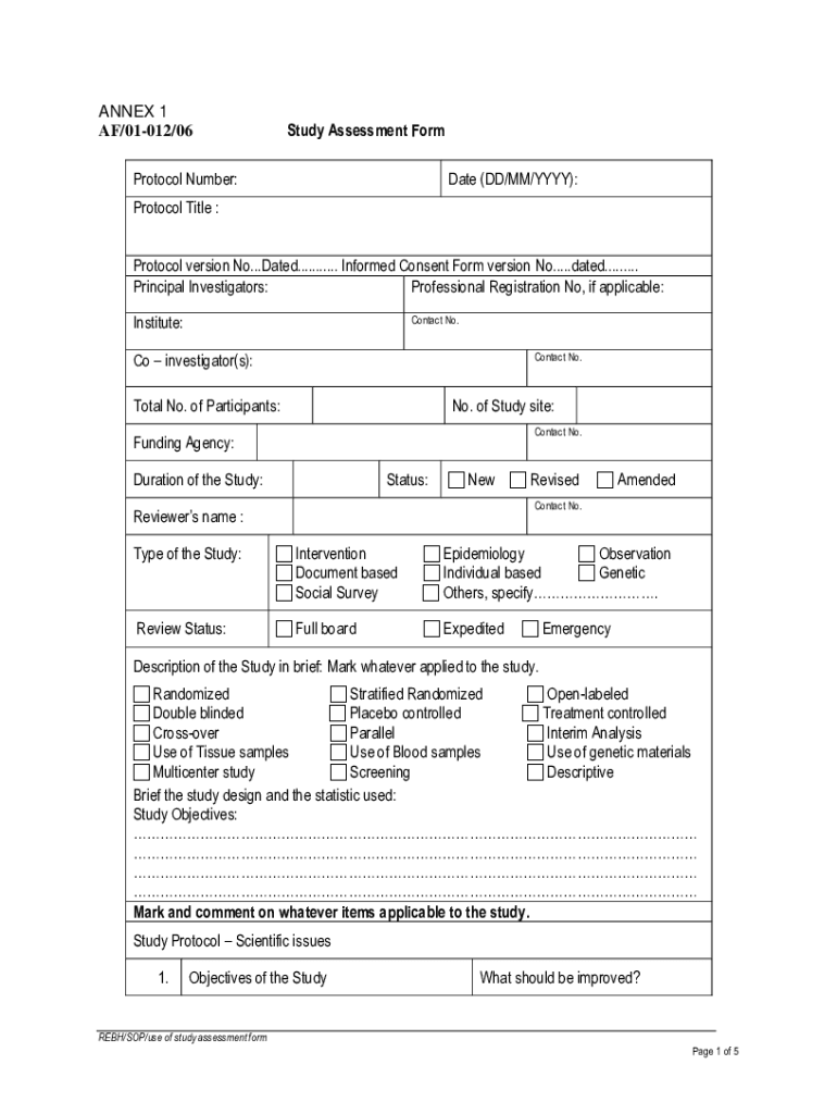Fillable Online ANNEX 1 AF/01-012/06 Study Assessment Form Protocol ... Fax Email Print - pdfFiller