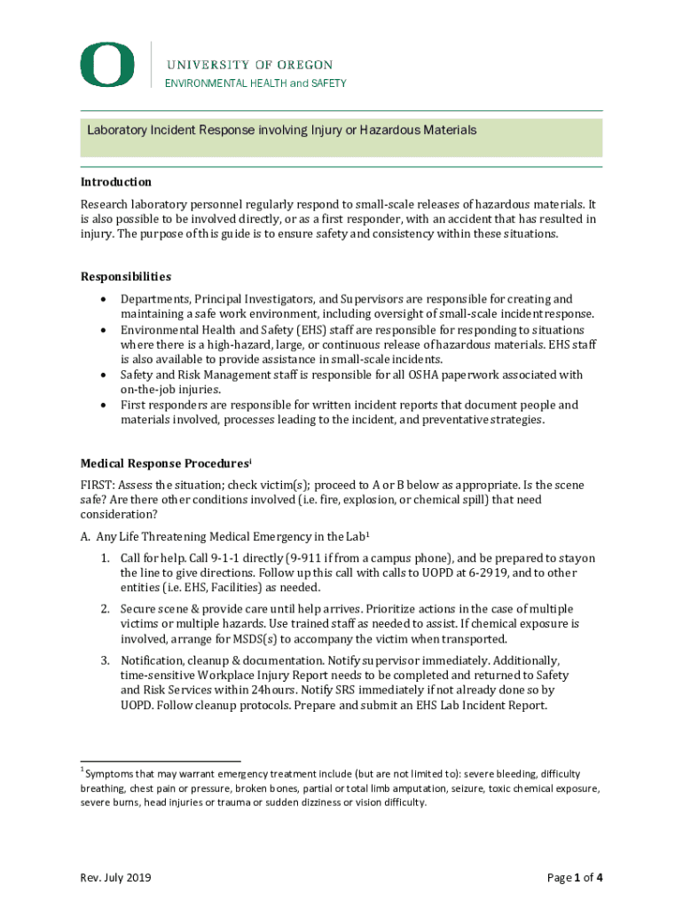 Fillable Online safety uoregon Laboratory Incident Response involving ...