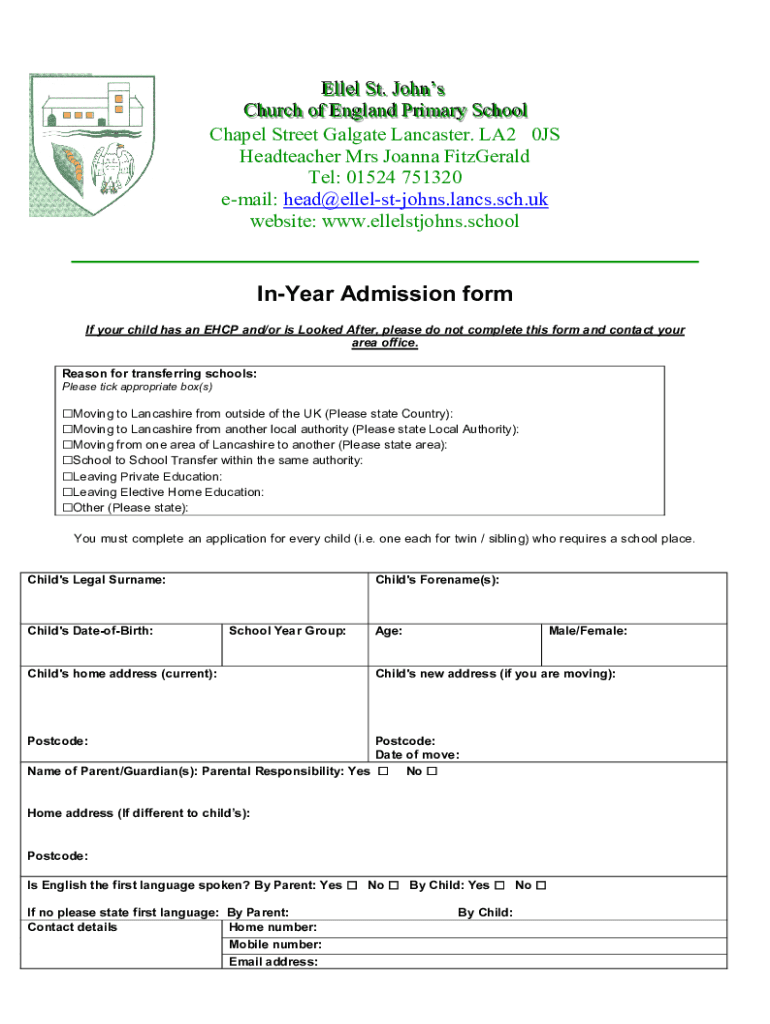 Fillable Online In Year Admission form Fax Email Print - pdfFiller