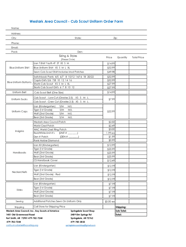 Fillable Online Scouts BSA Uniform Order Form - Westark Area Council ...