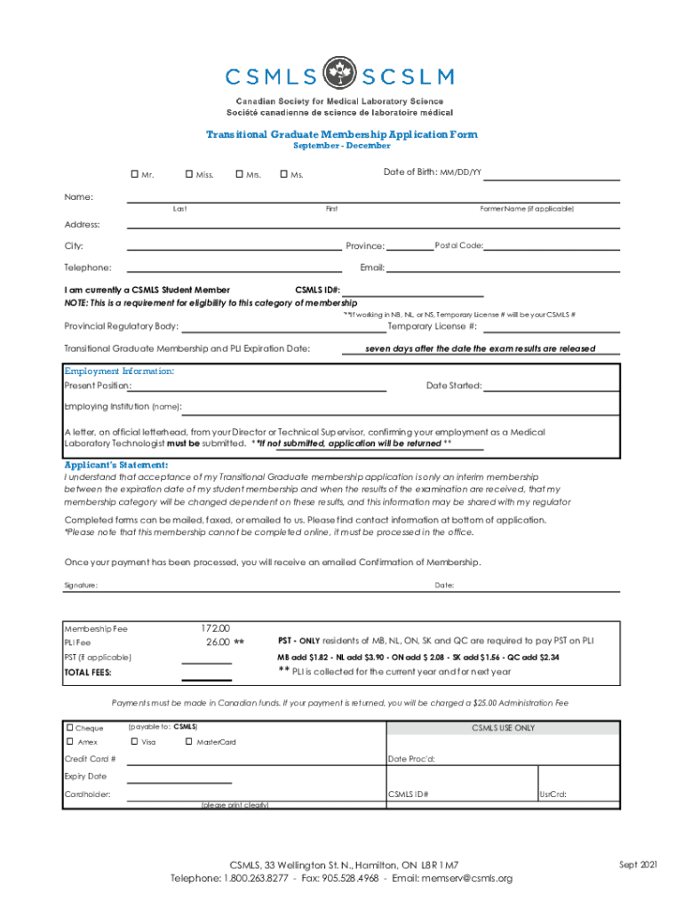 Fillable Online Transitional Graduate Membership Application Form Fax ...