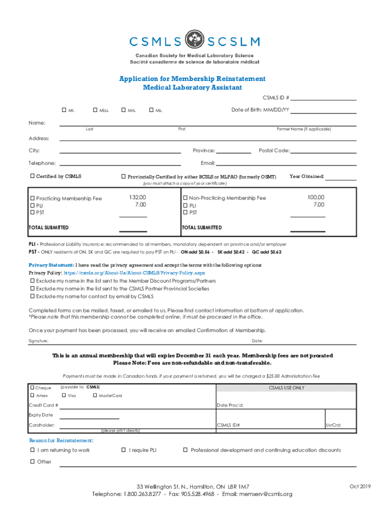 Fillable Online Application for Membership Reinstatement - CSMLS Fax Email Print - pdfFiller