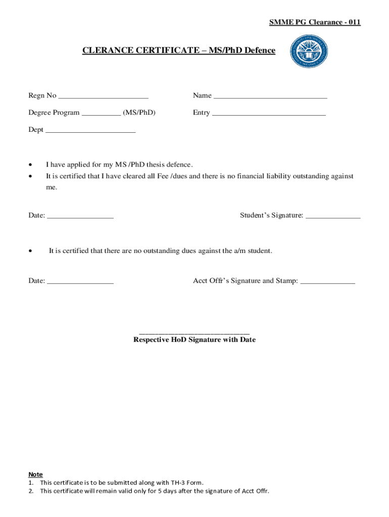 Fillable Online CLERANCE CERTIFICATEMS/PhD Defence Fax Email Print ...