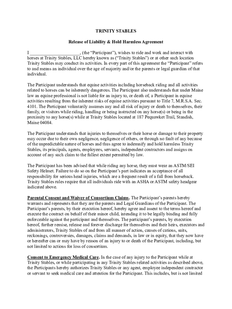 Fillable Online Release and Hold Harmless -- Trinity Stables standard ...