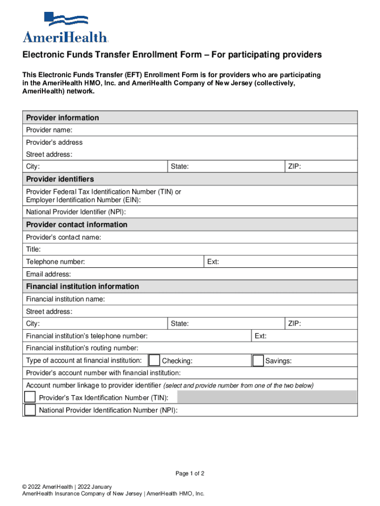 Fillable Online Electronic Funds Transfer Enrollment Form - Amerihealth ...