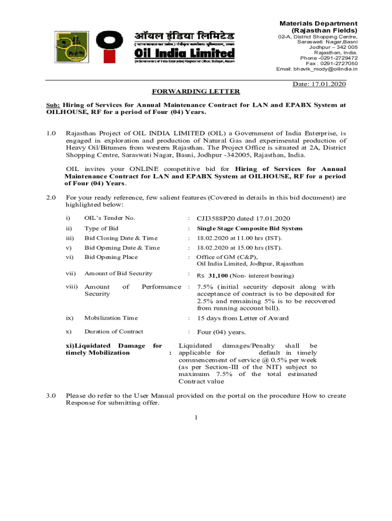 Fillable Online 1 Date: 17.01.2020 FORWARDING LETTER Sub: Hiring of ...