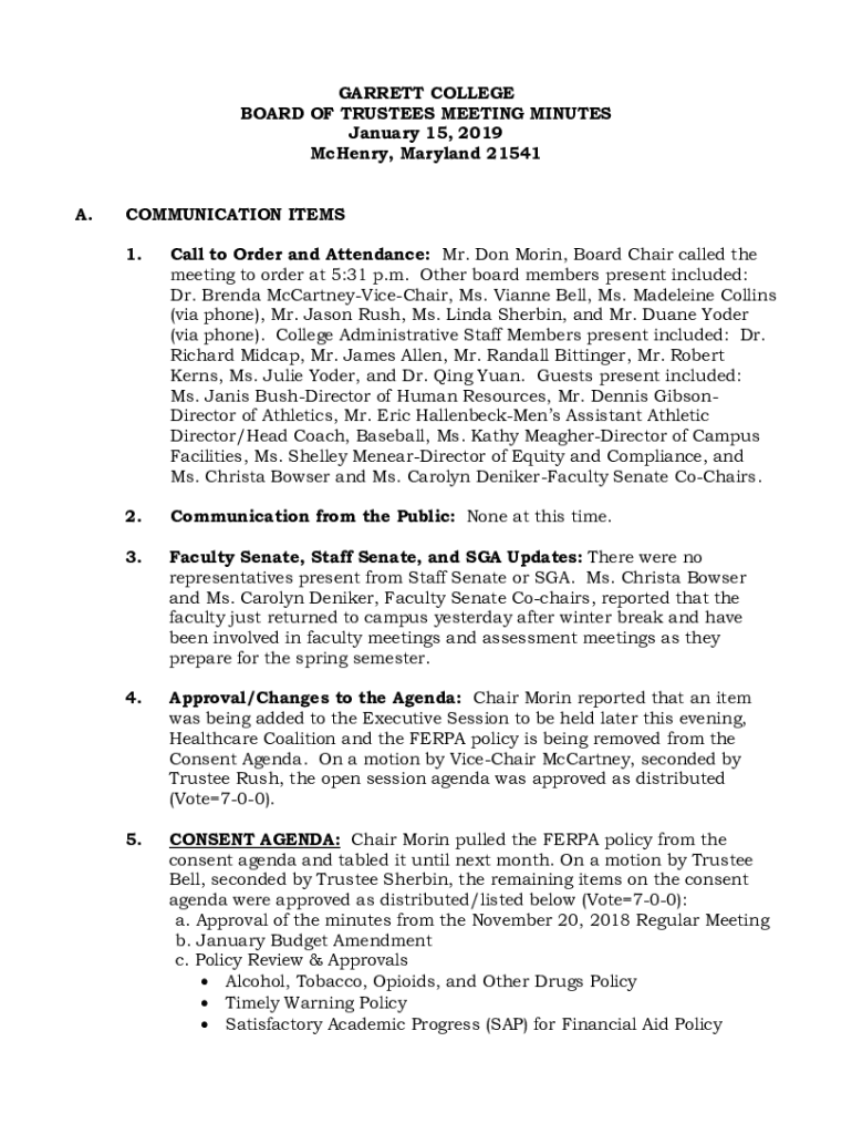 Fillable Online Garrett College Special Board of Trustees Open Session ... Fax Email Print ...