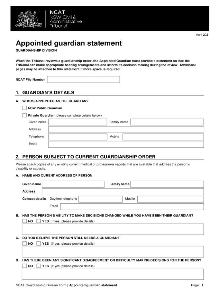 Fillable Online Appointed Guardian Statement form. Use this form to ...