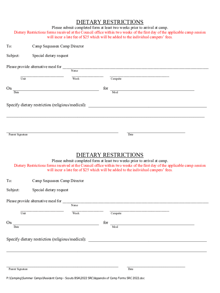Fillable Online SPECIAL DIETARY NEEDS FORM - BGBSA.org Fax Email Print ...
