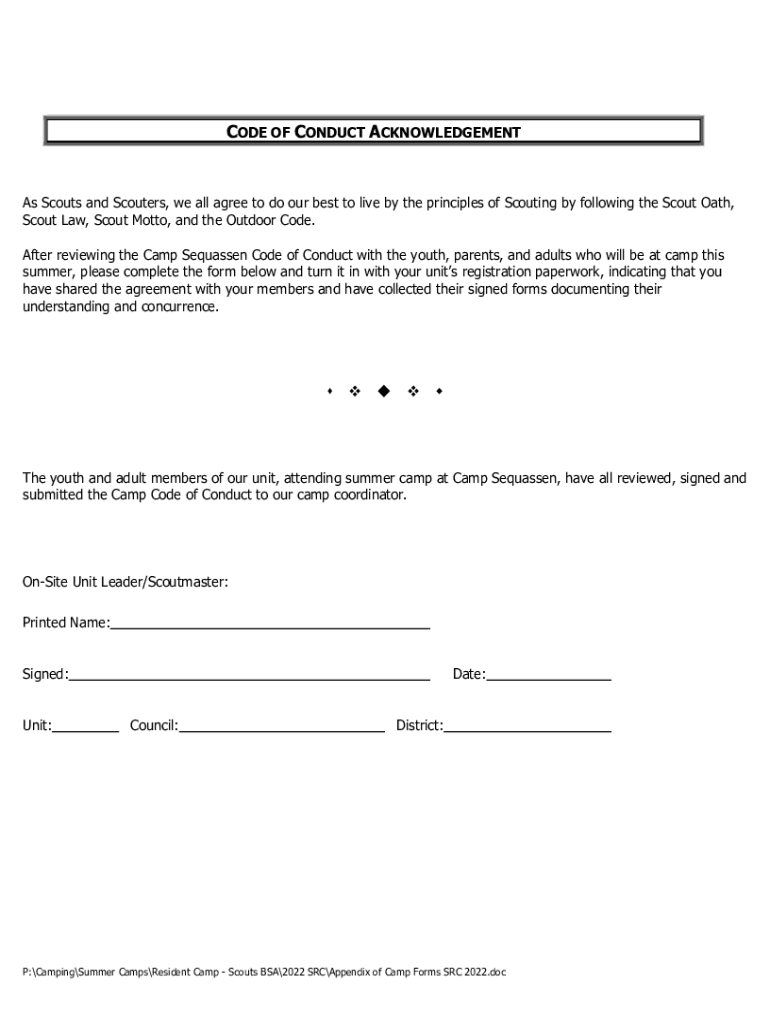 Fillable Online Code of ConductUnit Acknowledgement Form Fax Email ...