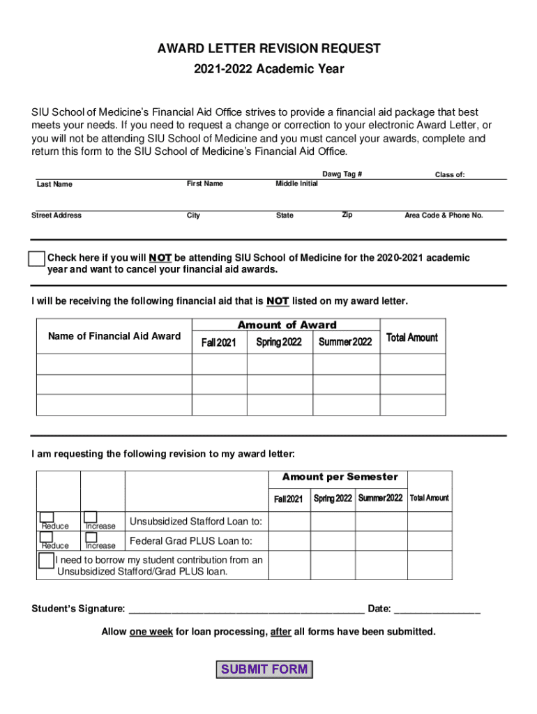 Fillable Online Award Letter Revision Request Fax Email Print - pdfFiller