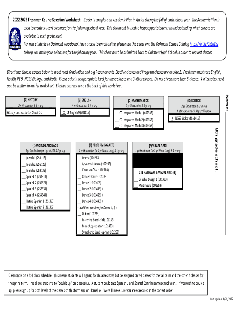 Fillable Online 2022-2023 Sophomore Course Selection Worksheet Fax Email Print - pdfFiller