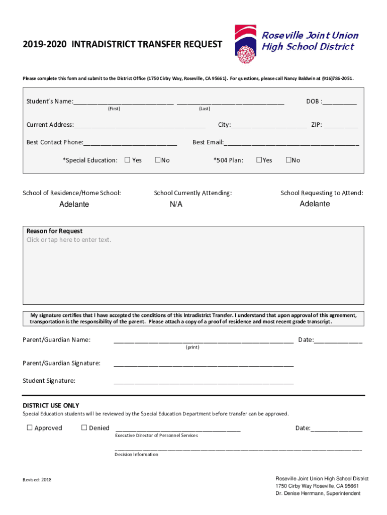 Fillable Online 2019-2020 INTRADISTRICT TRANSFER REQUEST Fax Email ...