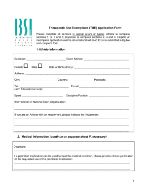 Fillable Online THERAPEUTIC USE EXEMPTIONS (TUE) APPLICATION FORM Fax ...
