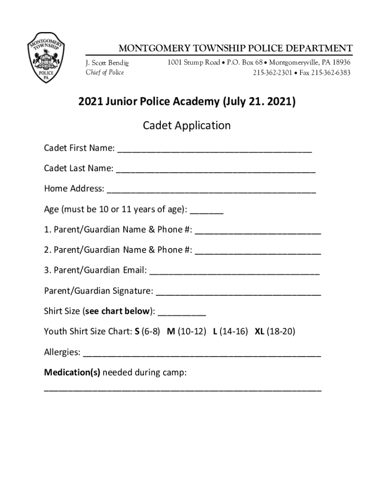 Fillable Online 2021 Junior Police Academy (July 21. 2021) Cadet ...